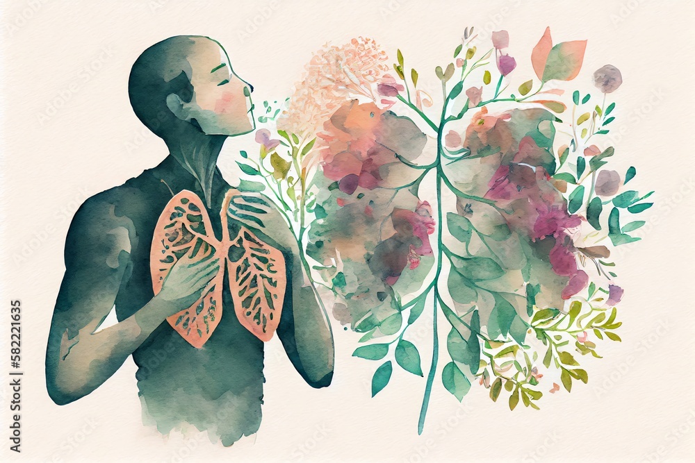 Watercolor Illustration of a Holding A Lung With Flowers For Fresh ...