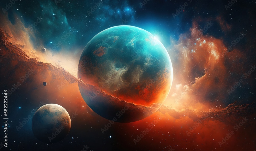 two planets in the sky with stars in the background and a red and blue ...