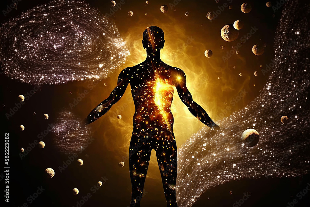 silhueta de homem emanando luz ao universo Stock Illustration | Adobe Stock