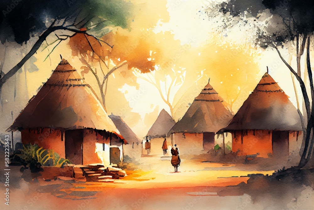 Watercolor Illustration of a Traditional African Village, Beautiful ...