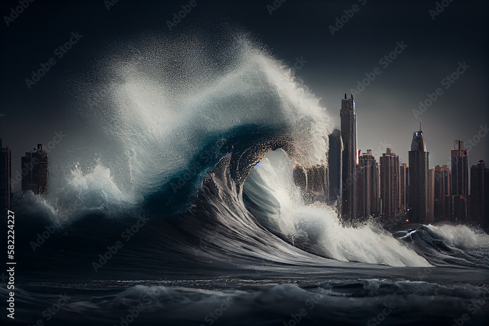 Huge tsunami hits the city. Dramatic scenery with a big wave flooding ...