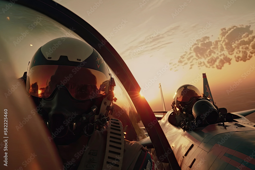 Military pilots in jet fighter cockpit at sunset. Military aviation ...