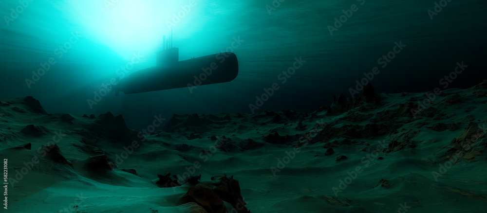 Underwater Deep Ocean Scene with Military Submarine. 3d Rendering ...