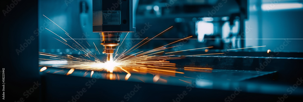 Metal being cut by a blue laser CNC with a light spark, current ...
