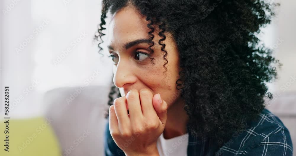 Nails, biting and woman with anxiety, stress and mental health risk at ...