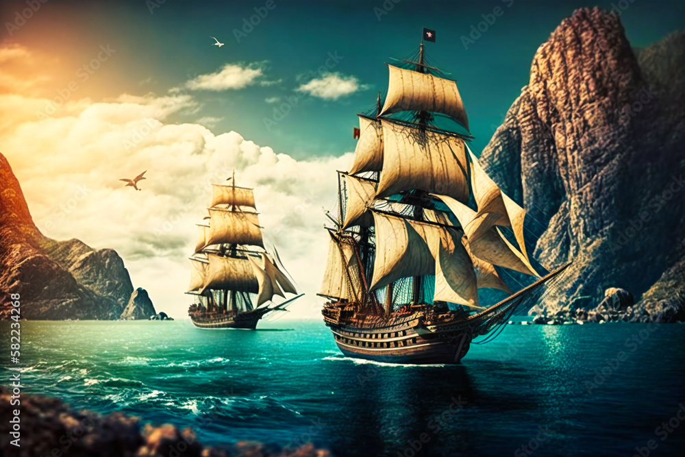 Sailboats with billowing sails gracefully navigating azure waters ...