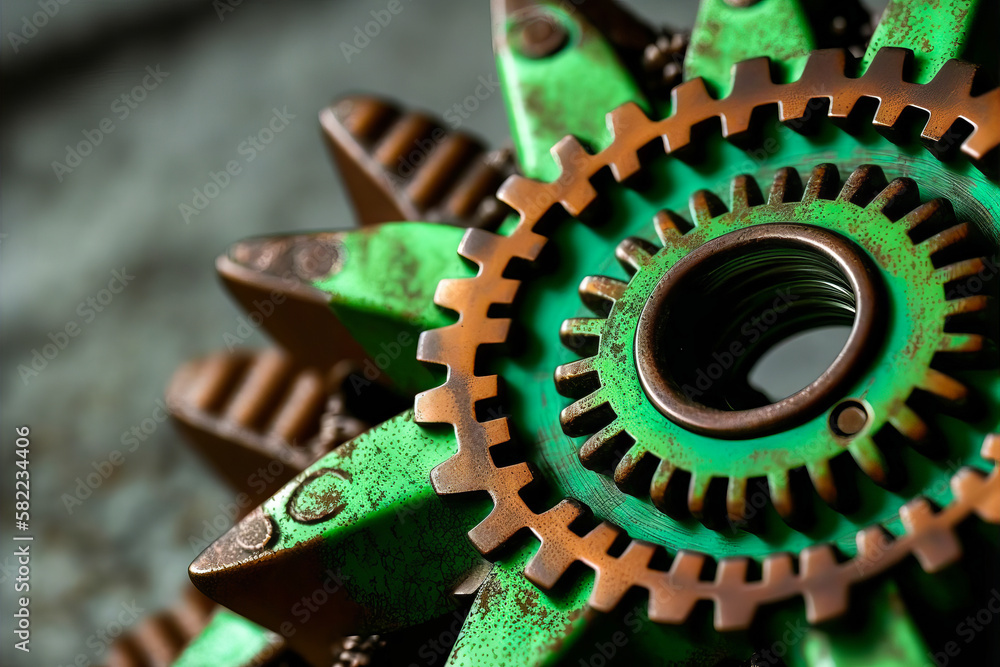 An eco-friendly mechanism with green, brown and silver gears in an ...