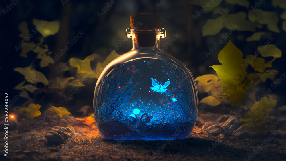 glowing potion bottle with magic butterfly inside on night forest ...