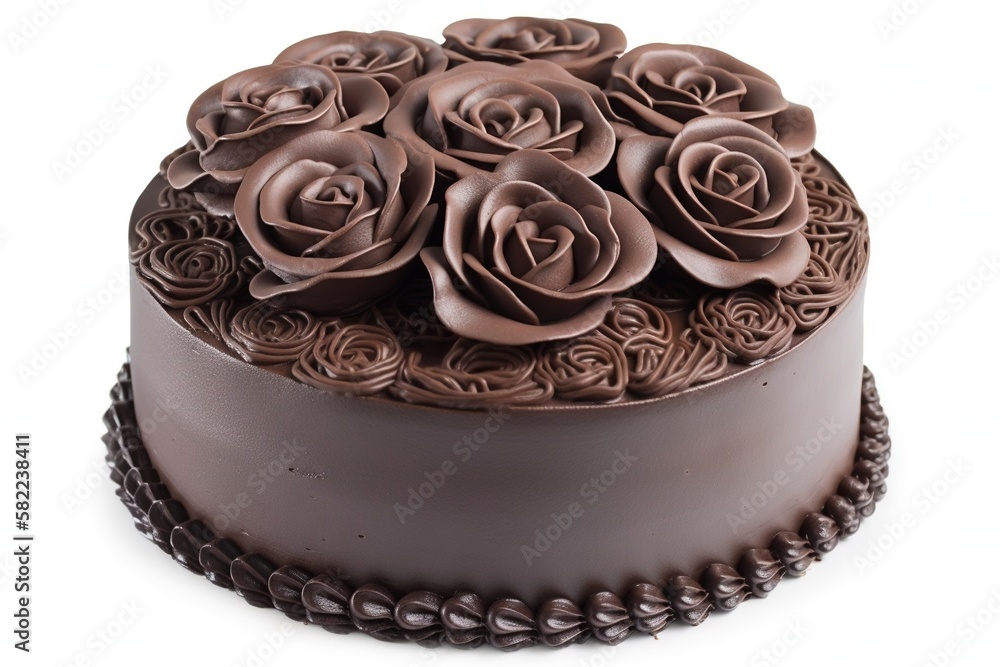 a chocolate cake with chocolate frosting roses on top of a cake plate ...