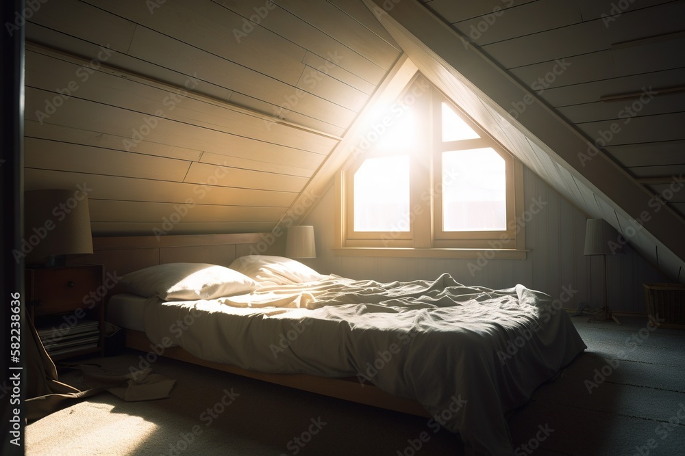 a bed sitting under a window in a bedroom under a slanted roof with ...