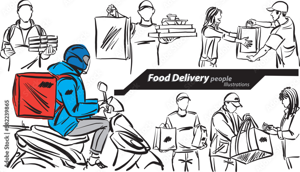 food delivery service package people career profession work doodle ...