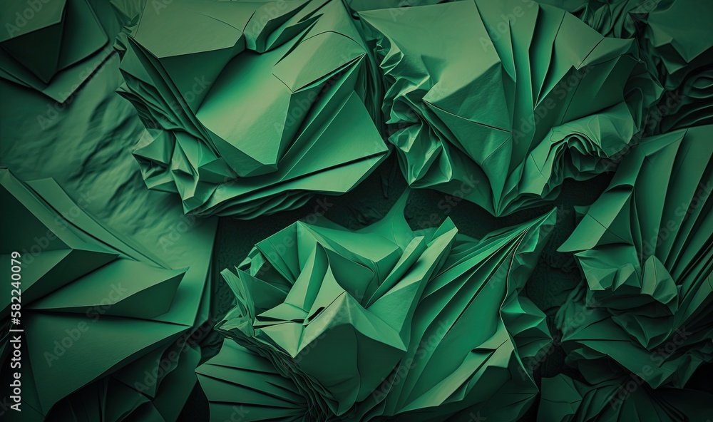 a green background with many folded up pieces of paper on top of each ...