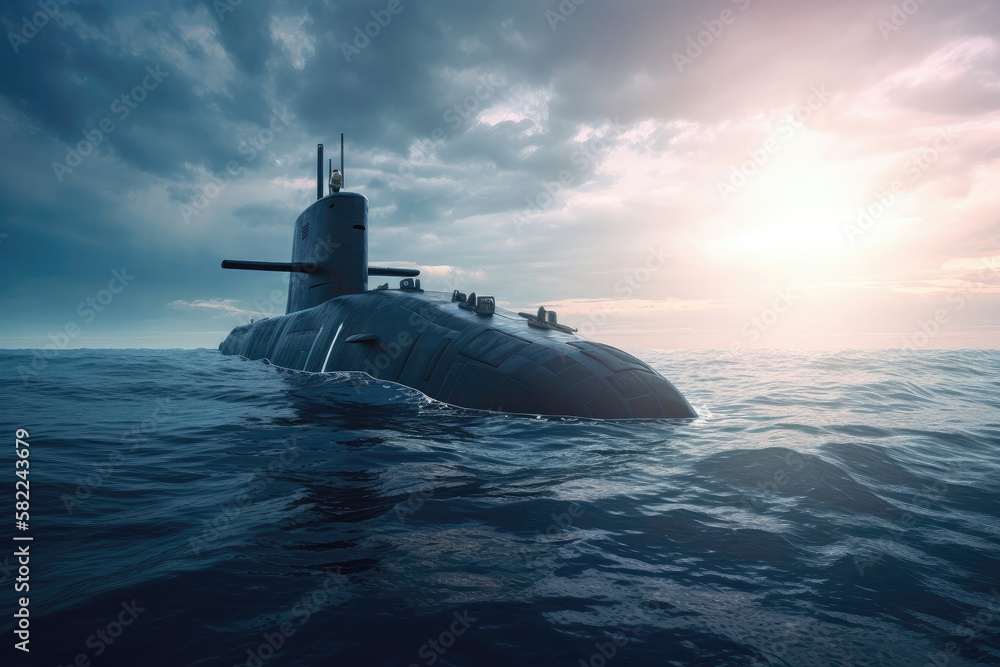Nuclear submarine surfaced in the ocean. Created with Generative AI ...