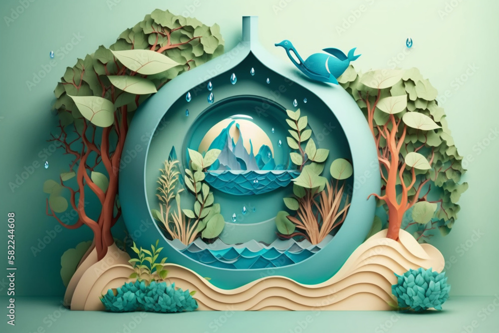 Paper art , Ecology and world water day , Saving water and world ...