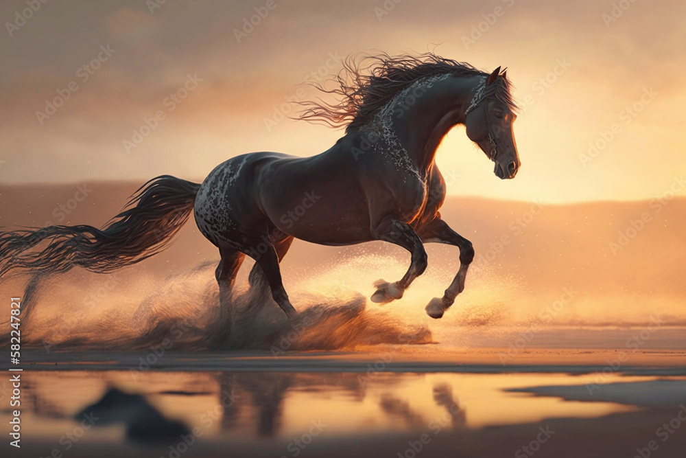 Beautiful Horse running on a beach at sunset. Stallion Running on the ...