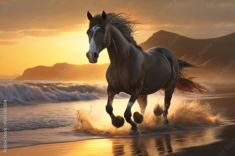 Beautiful Horse running on a beach at sunset. Stallion Running on the ...