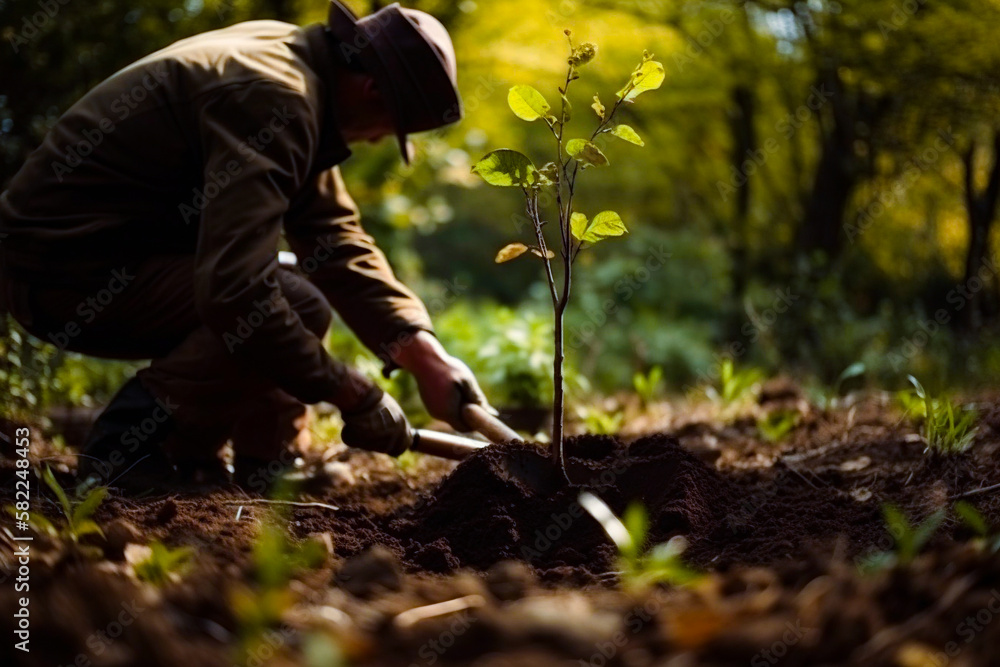 Man planting a young tree. Re forestation. Planting a tree with a ...