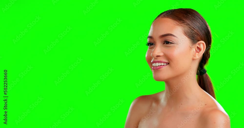 Green screen, body care and woman in studio for beauty, cosmetics and ...