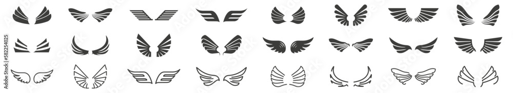 Set of black wings icons. Wings badges. Different shapes of wing ...