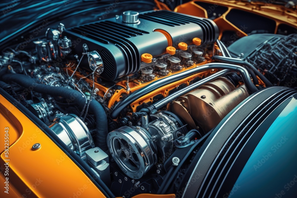 engine compartment of car with modern engine and oil pumps, created ...