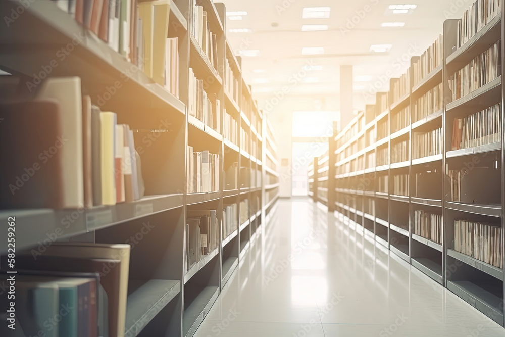 Abstract blurred empty college library interior space. Blurry classroom ...