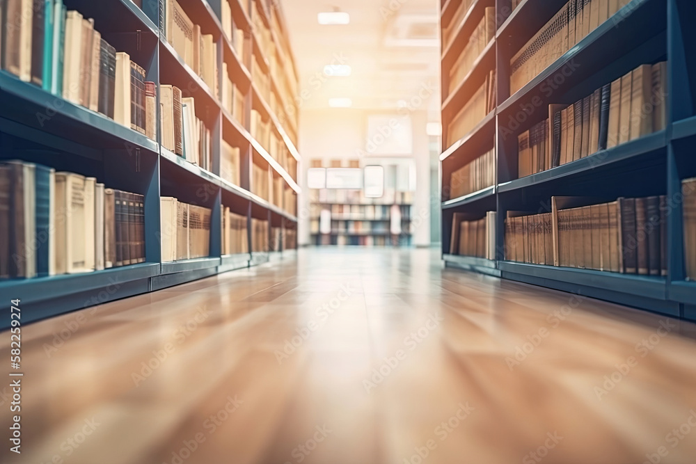 Abstract blurred empty college library interior space. Blurry classroom ...