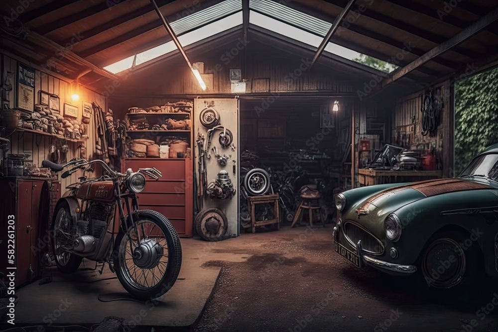 an old garage filled with vintage cars and motorcycles, including a ...