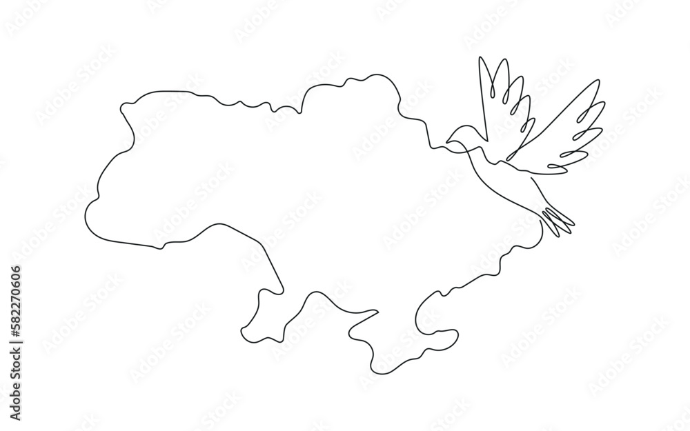 Map of Ukraine with dove drawn in one continuous line. One line drawing ...