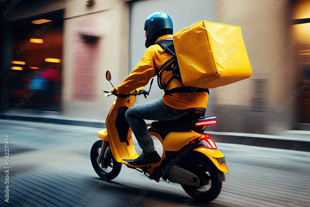 Delivery man on scooter driving on the street of city. Food delivery app. Generative AI Stock ...