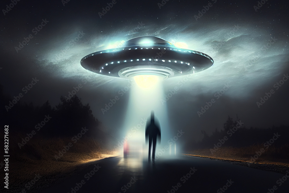 Ilustrace „Back view of man looking at alien invasion, UFO flying in ...