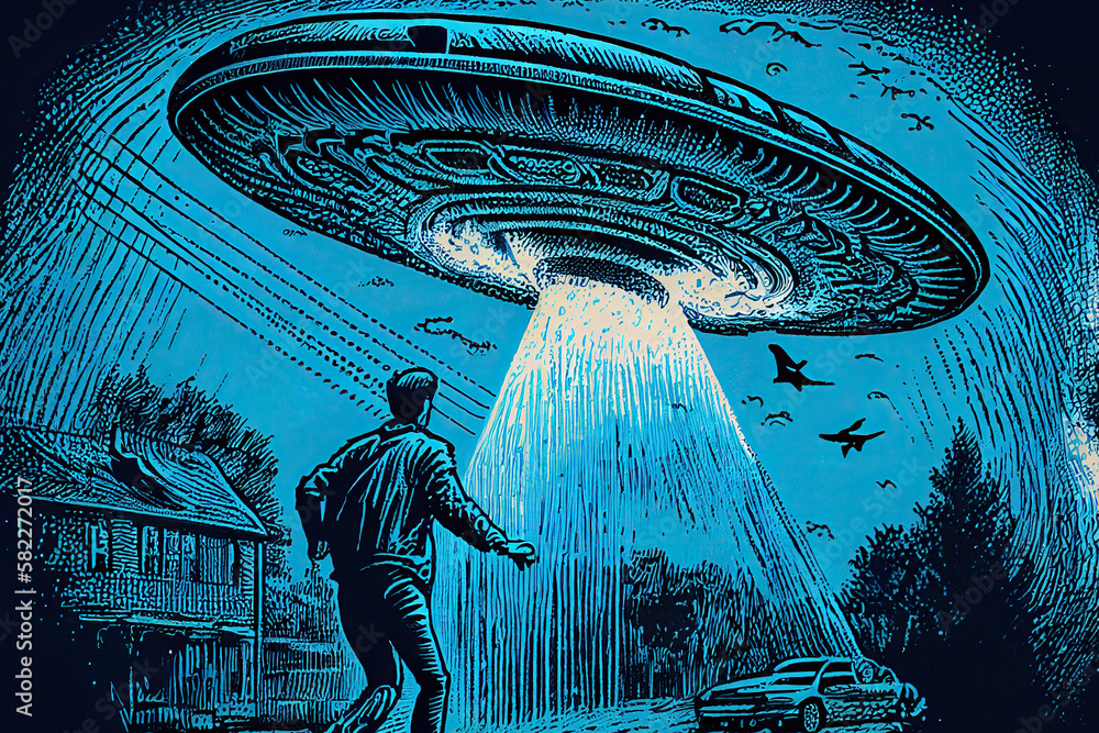 Back view of man looking at alien invasion, UFO flying in the sky ...