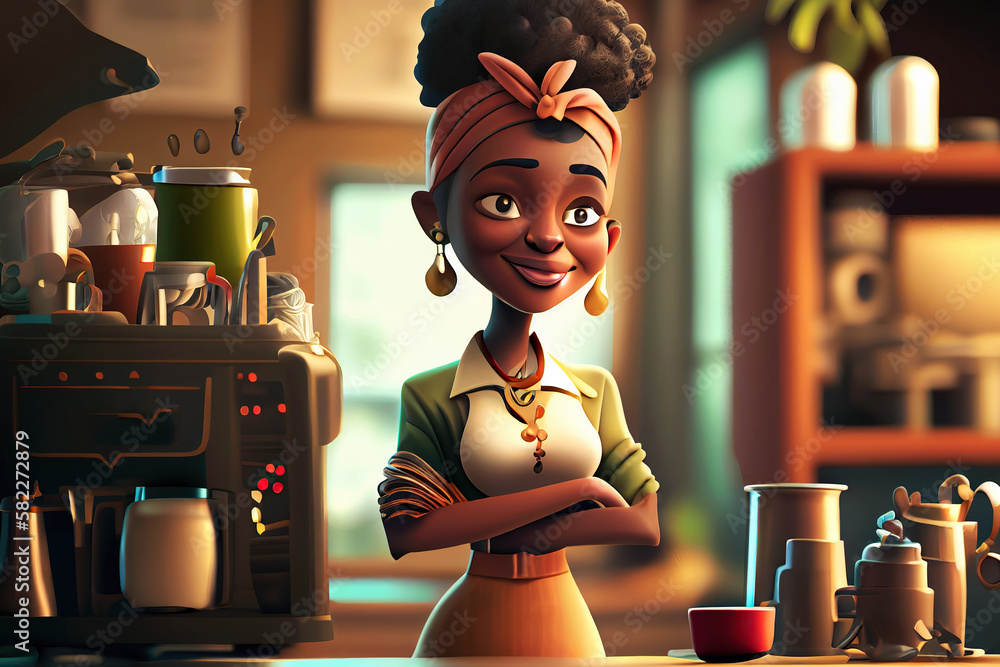 3D cartoon illustration of smiling african american female barista ...
