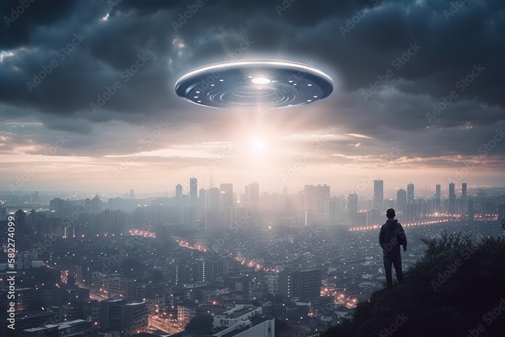 Back view of man looking at alien invasion, UFO flying in the sky above ...