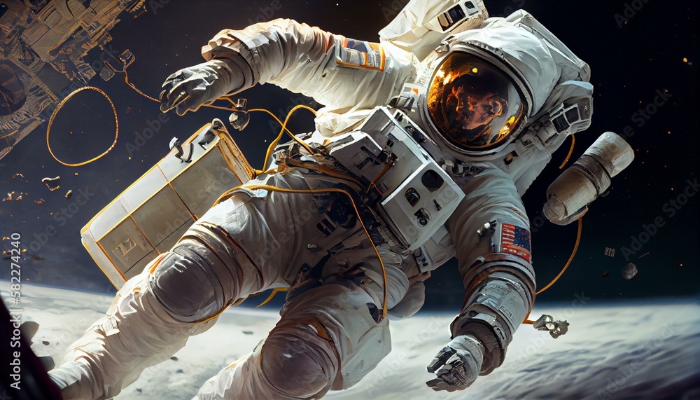 An astronaut conducting an extravehicular activity (EVA), with ...