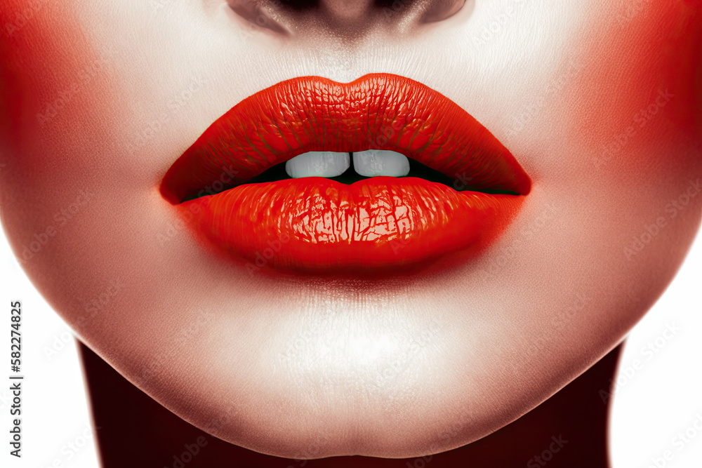 Lush and pouty red lips of a woman as a kiss with the bottom of her ...