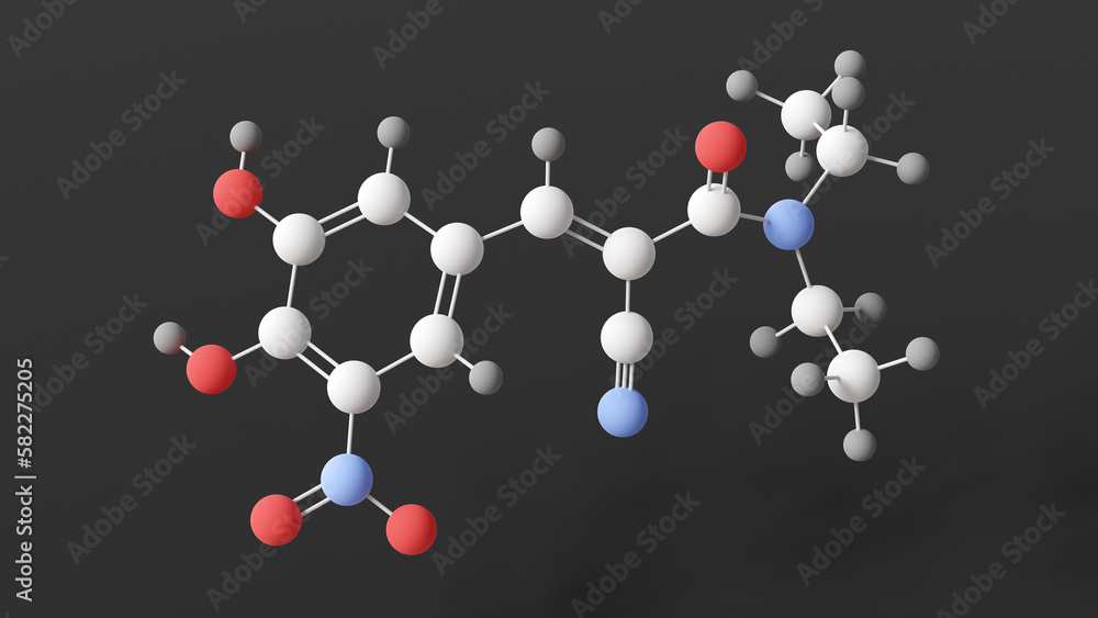 entacapone molecule, molecular structure, antiparkinsonian agents, ball ...