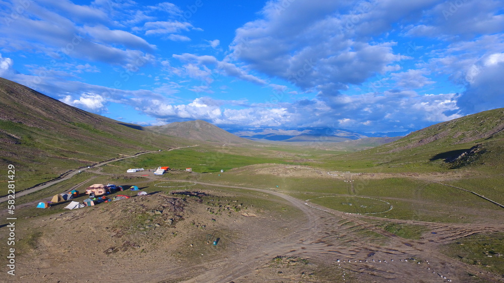 An aerial view of tourist camps in the Deosai plateau of Gilgit ...