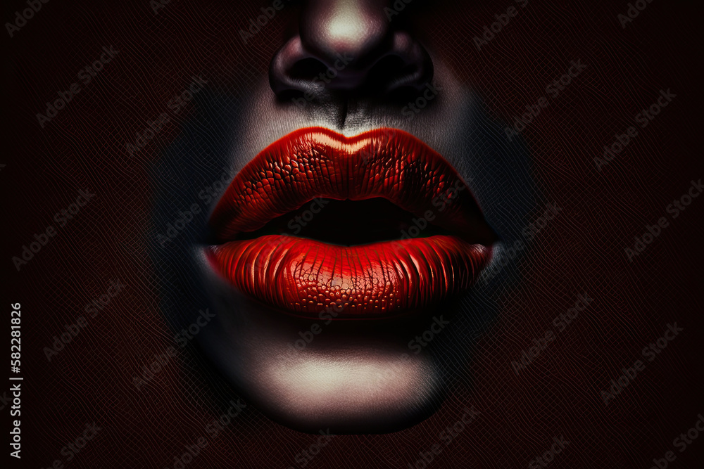 Lush and pouty red lips of a woman as a kiss with the bottom of her ...