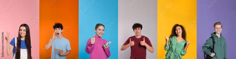 Photos of teenagers on different color backgrounds, collage Stock Photo ...