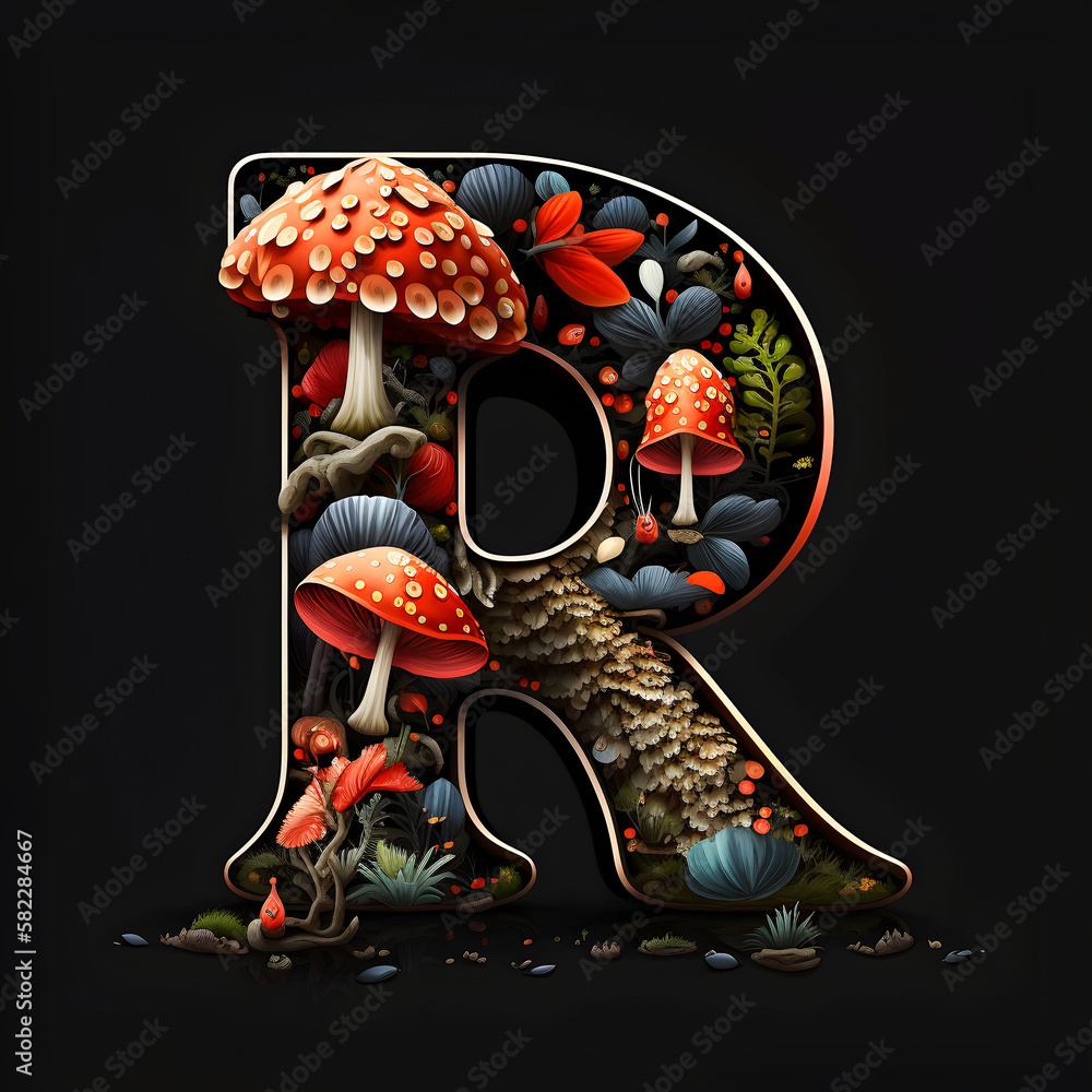 Letter R made of wood, with mushrooms and plants on a black background ...