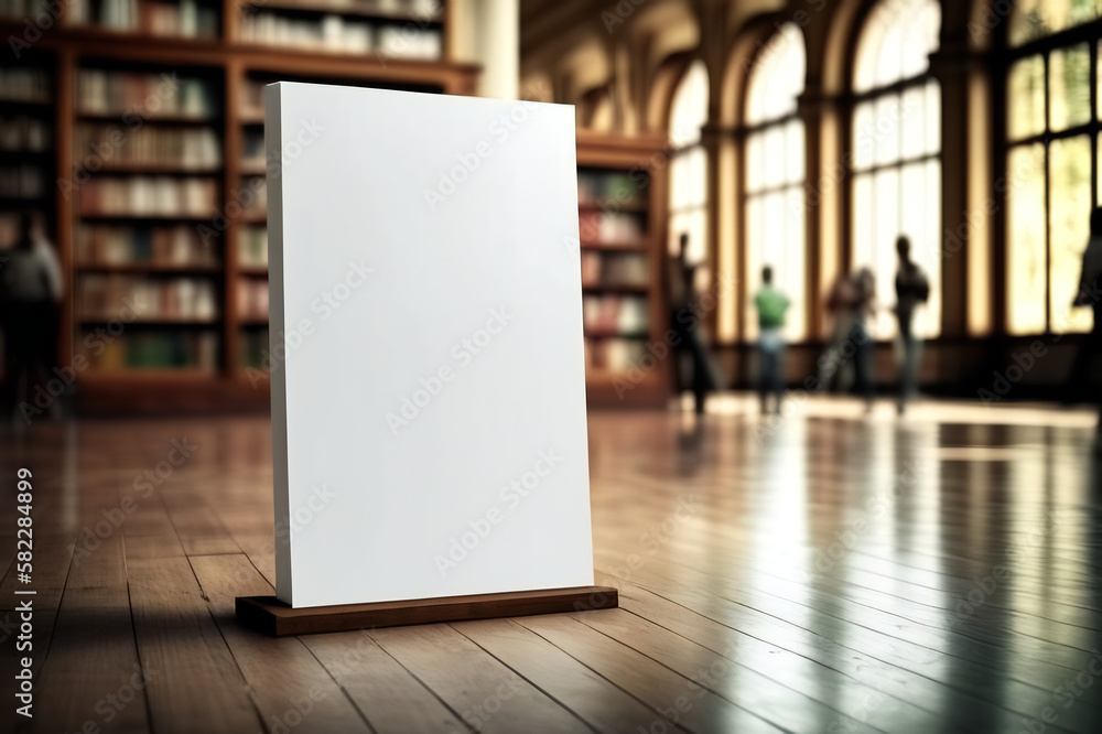 Blank empty white poster sign billboard mockup in old library ...
