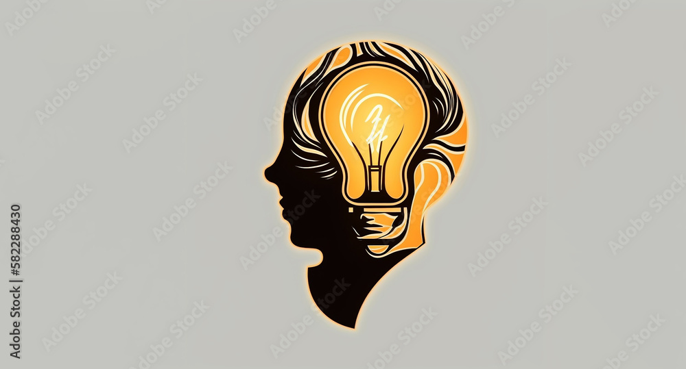 multi coloured Head silhouette with bright glowing light bulb inside ...