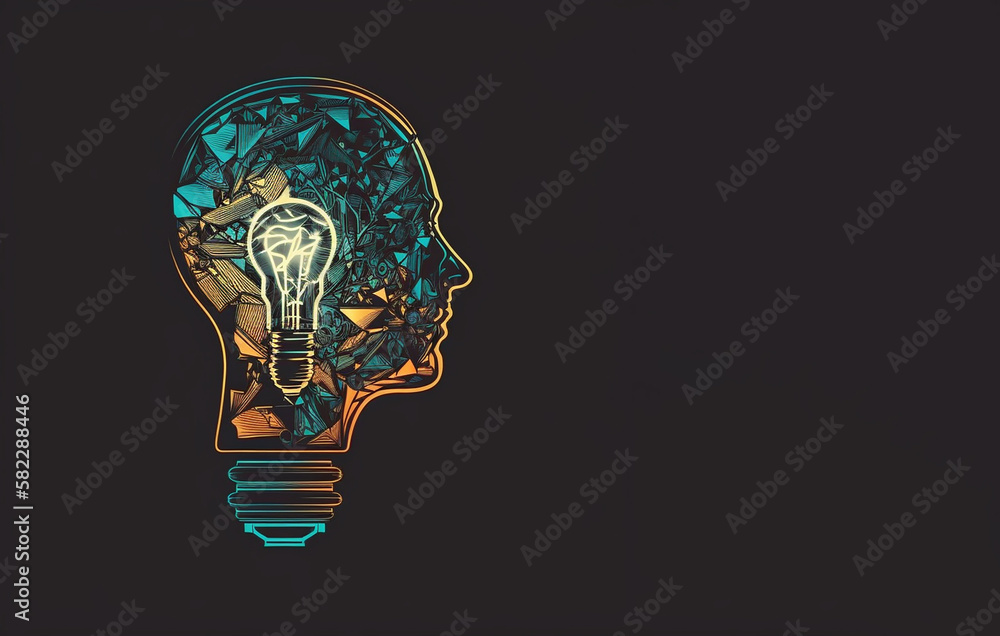multi coloured Head silhouette with bright glowing light bulb inside ...