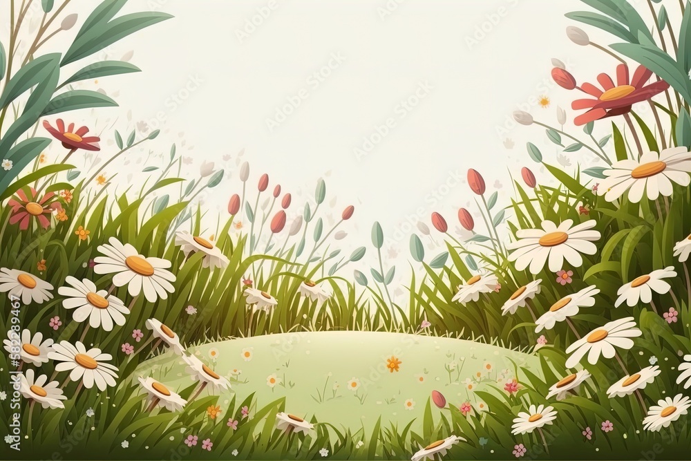 Cartoon summer flowers and leaves background with empty space. Summer ...