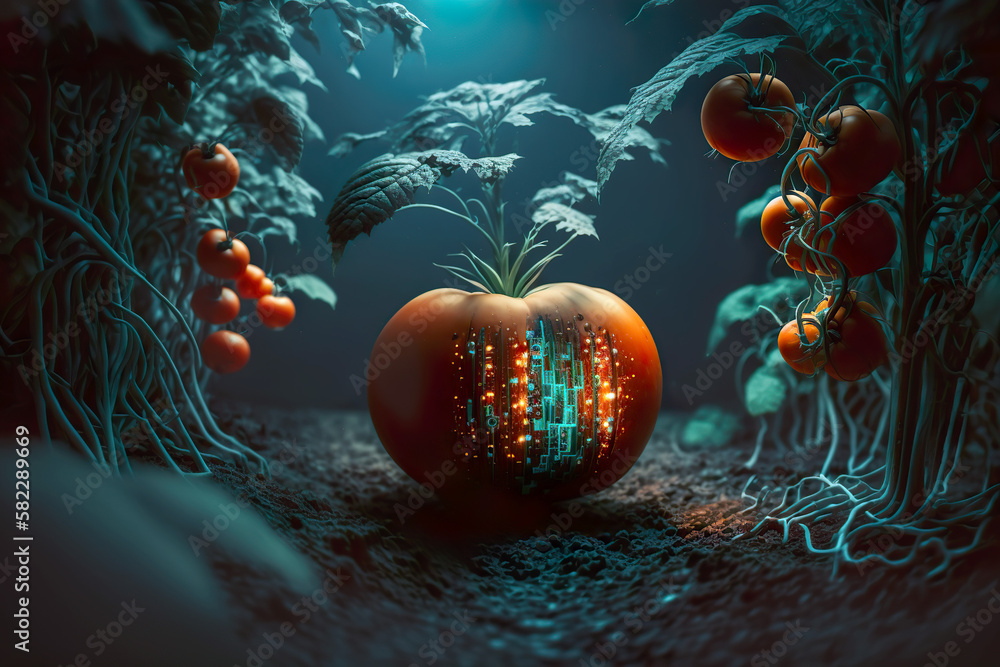 A large tomato with a digital circuit pattern is illuminated at the ...