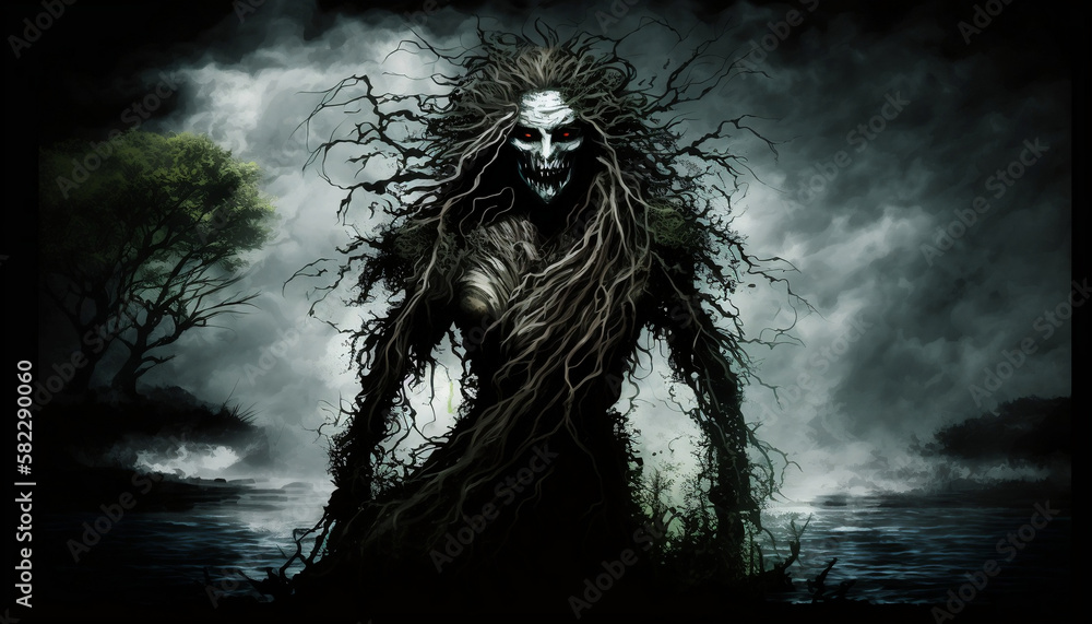 fictional scary irish banshee standig in a lake Stock Illustration ...