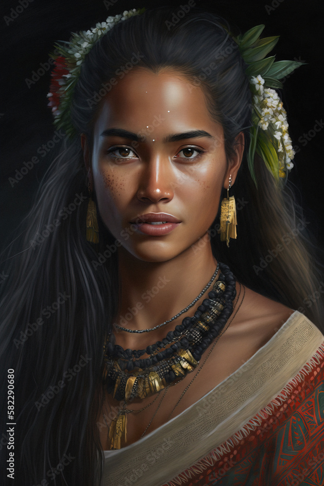 Tahiti beauty woman wearing flower head wreath traditional Tahitian ...