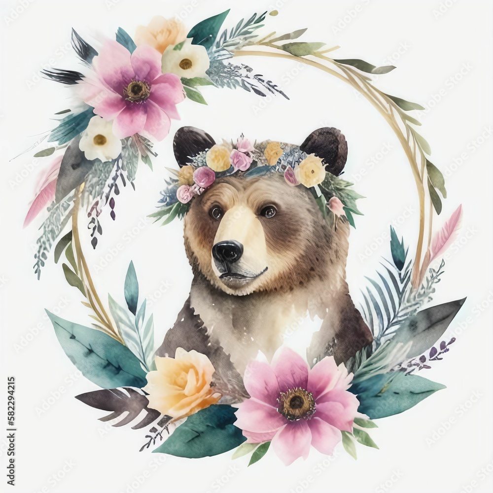 High detailed painting of a brown bear in floral frame on a white ...