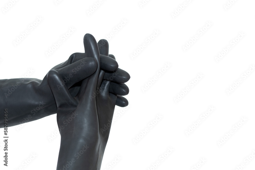 A hand in a black rubber glove interlocking fingers with another ...