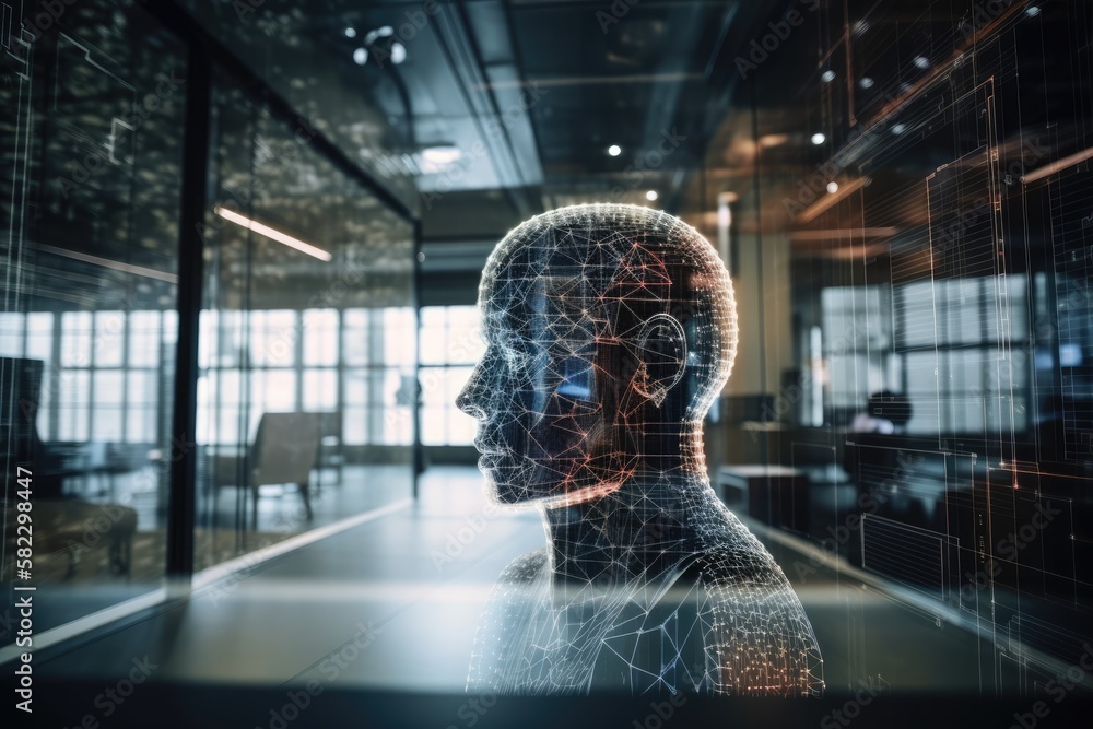 Holographic representation of a human head in an abstract virtual ...